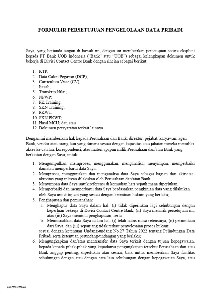 FORM PERSETUJUAN PDP contoh | PDF