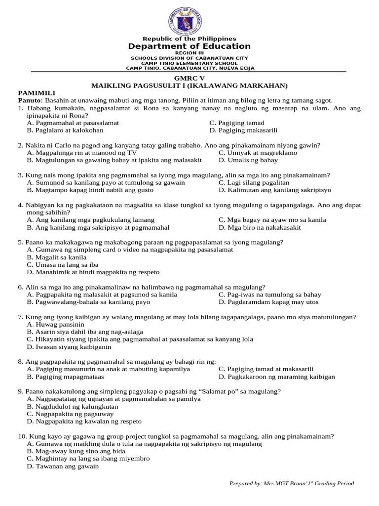 GMRC Quarter 2 Quiz 1 | PDF