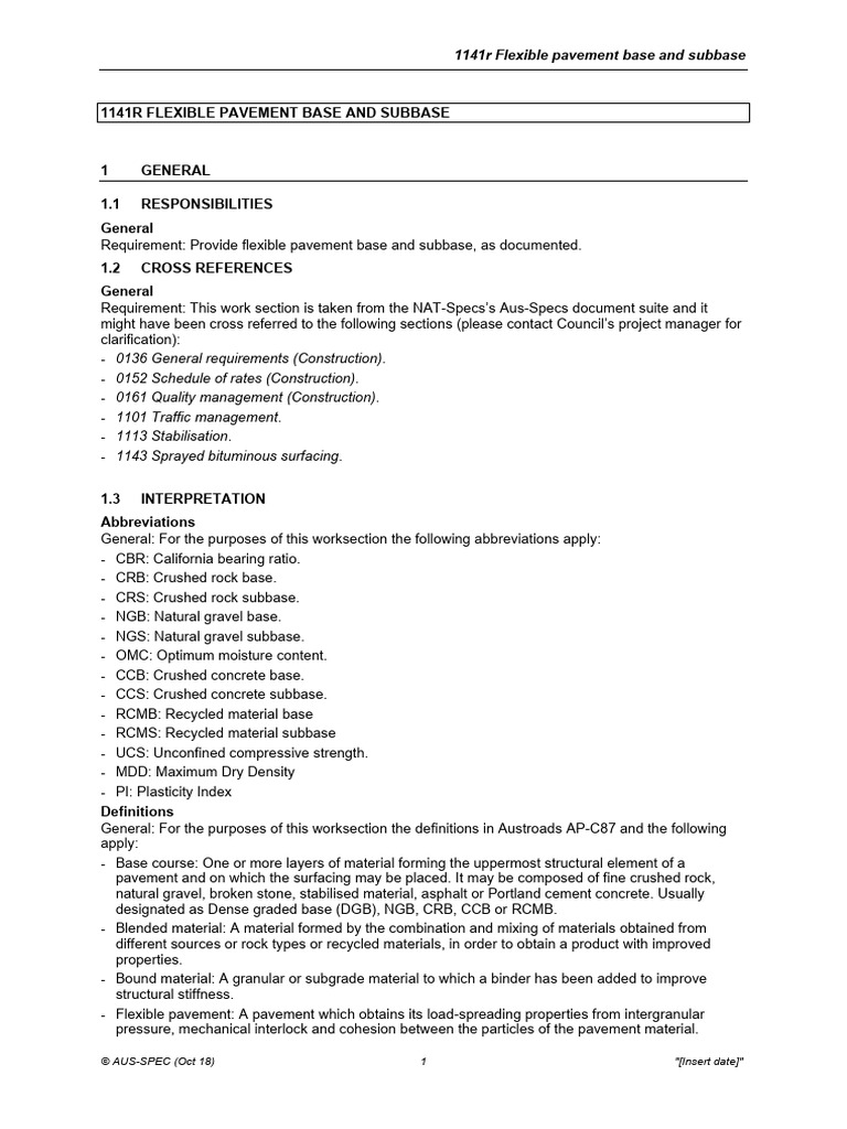 Specification-Flexible pavement base & subbase (Australia Road Specification, AS Attachment A ...