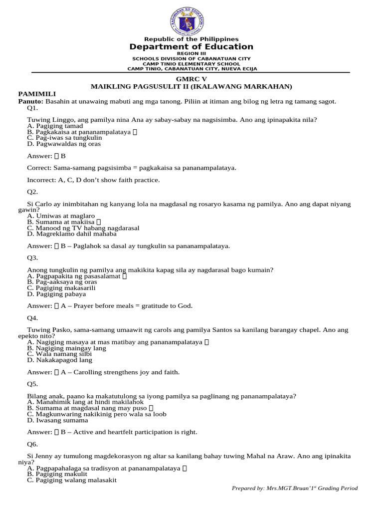 GMRC Quarter 2 Quiz 3 | PDF