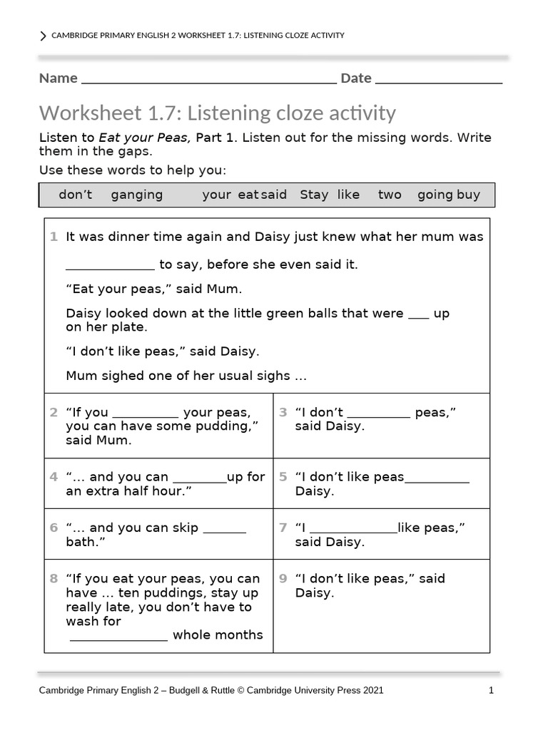 Listening Cloze Activity for Kids | PDF