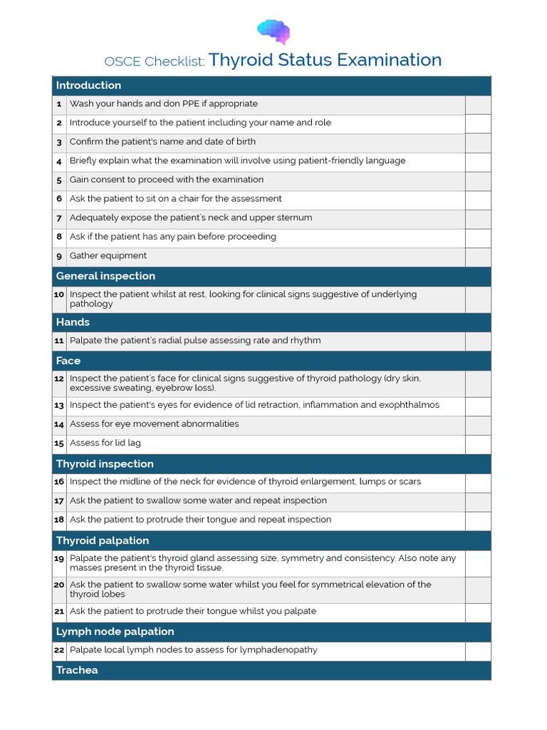 Thyroid Examination Checklist Guide | PDF | Thyroid | Medical Specialties