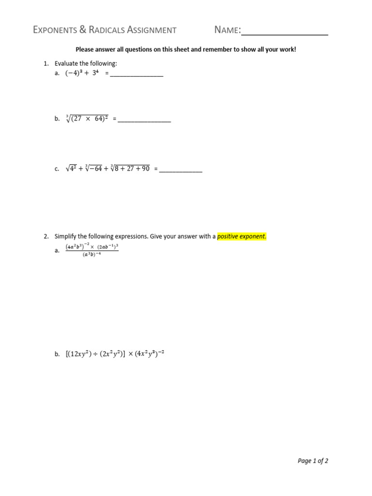 U1 Exponents and Radicals Assignment | PDF