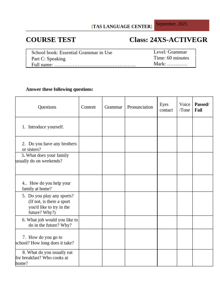 Speaking Test Questions for Students | PDF