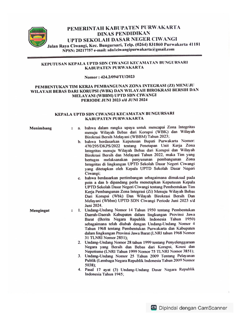 i. SK Penyusunan Tim Kerja SDN Ciwangi | PDF