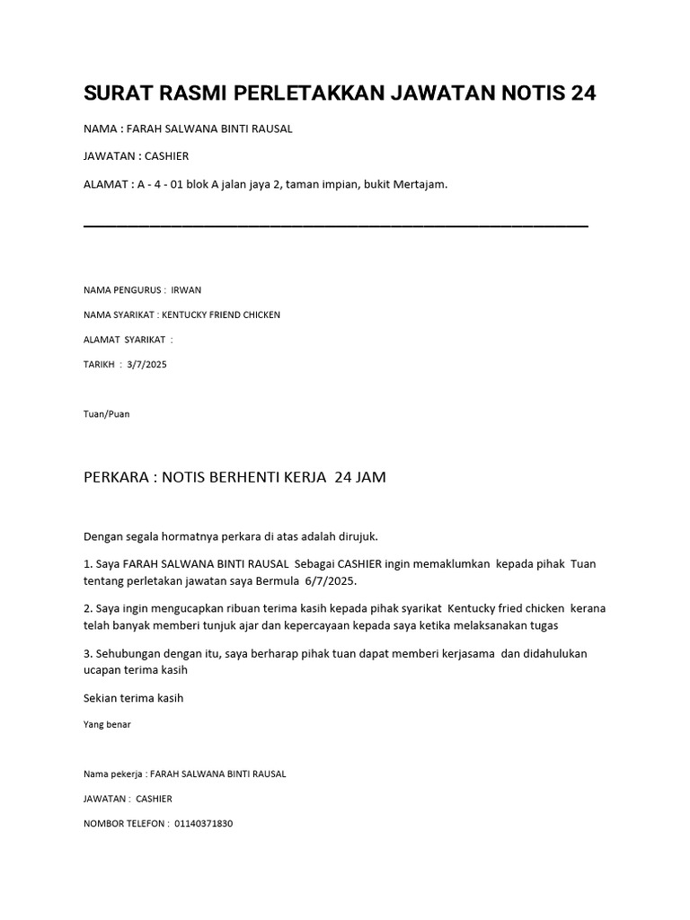 Surat Rasmi Perletakkan Jawatan Notis 24 | PDF