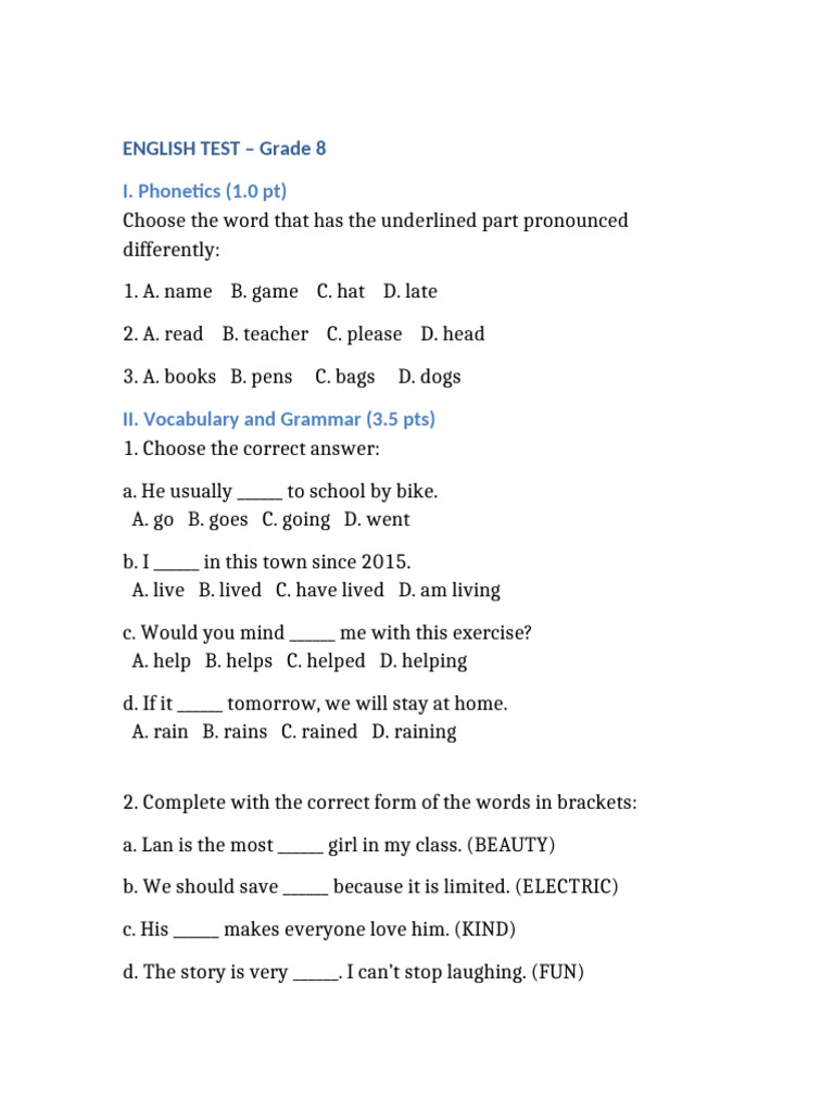 English Test Grade8 | PDF