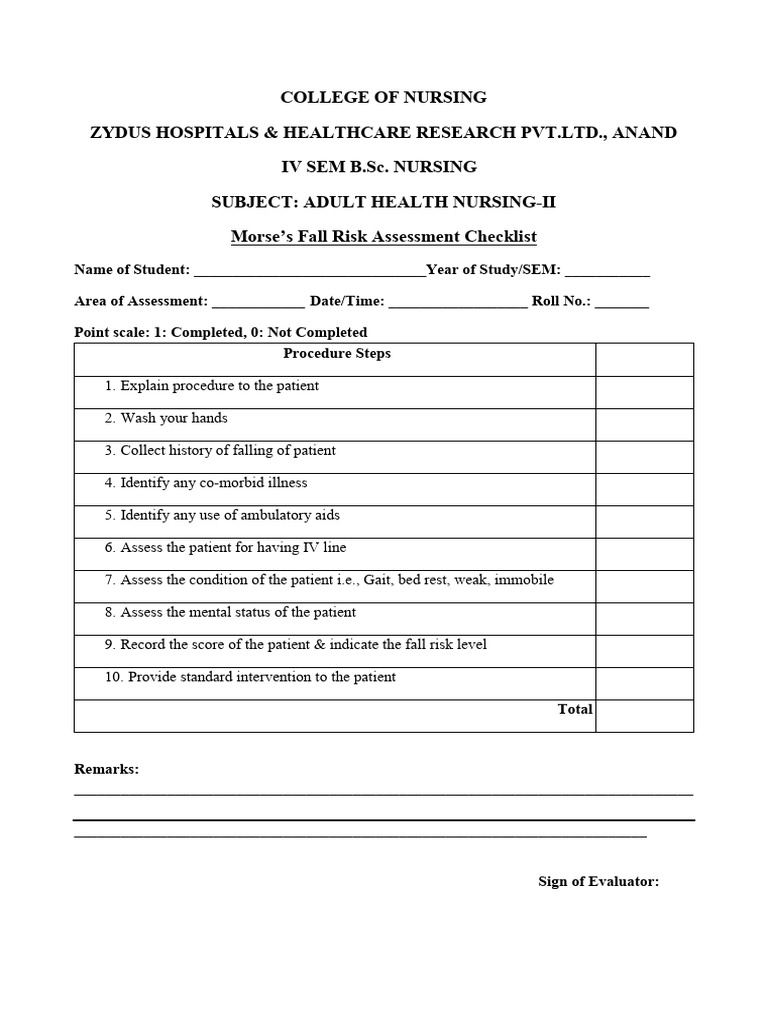 Fall Risk Assessment Checklist | PDF