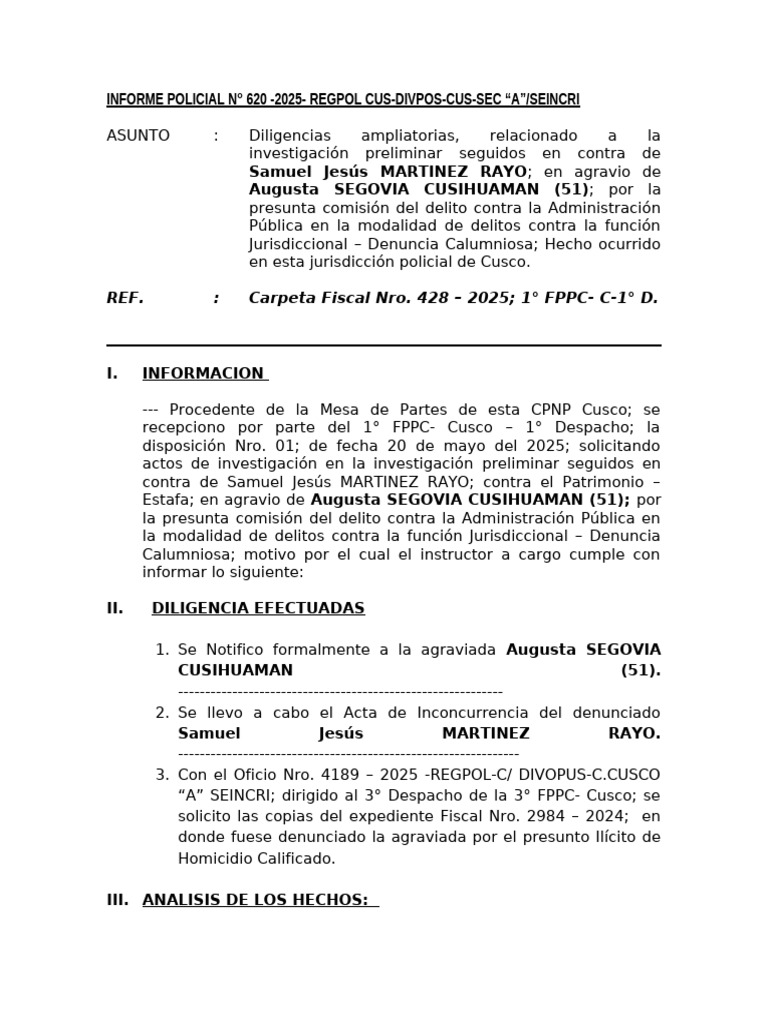 Informe Policial sobre Denuncia Calumniosa | PDF | Fiscal