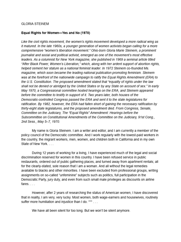 GLORIA STEINEM Equal Rights For Women-Yes and No (1970) | PDF | Gender ...