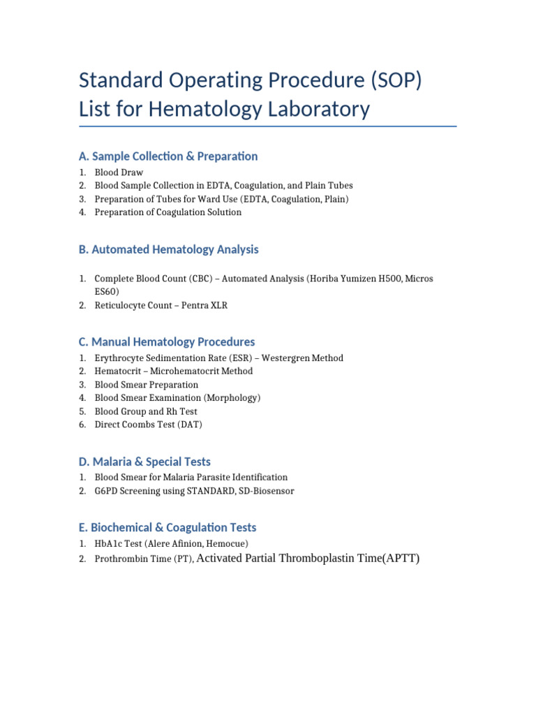 Hematology SOP List | PDF