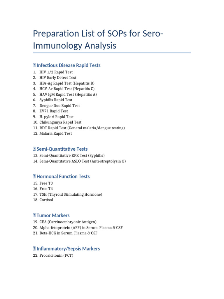 SOPs for Sero-Immunology Testing List | PDF