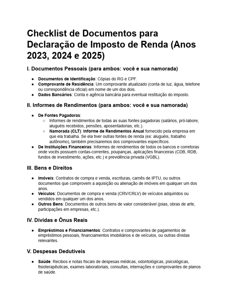 Checklist para Declaração de IR 2023-2025 | PDF