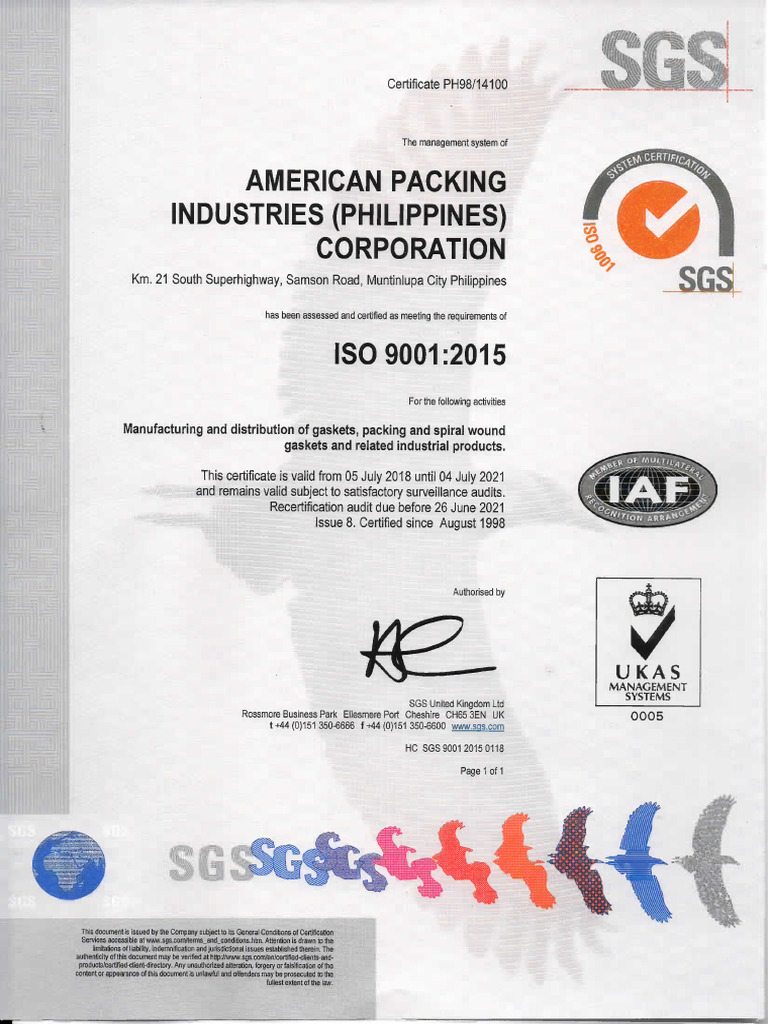 API ISO Certificate 90012015 | PDF