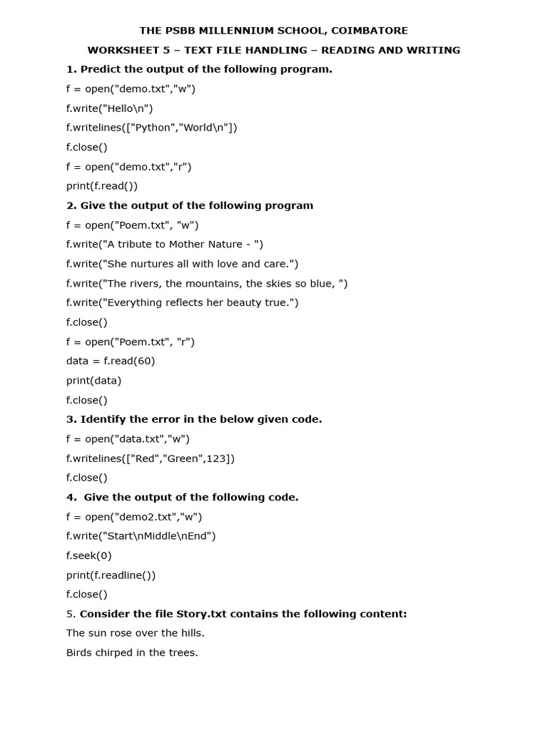 Worksheet 5 - Text File Handling - Reading and Writing1751042013 | PDF | Text File | Computing