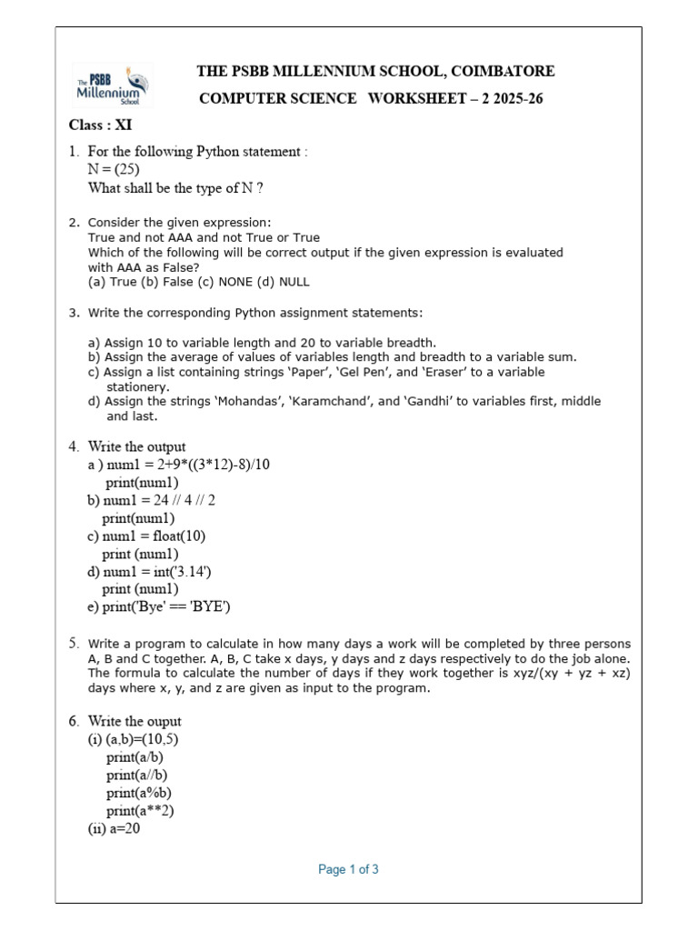 XI STD Comp Science WS-2 2025-261753077486 | PDF | Boolean Data Type ...