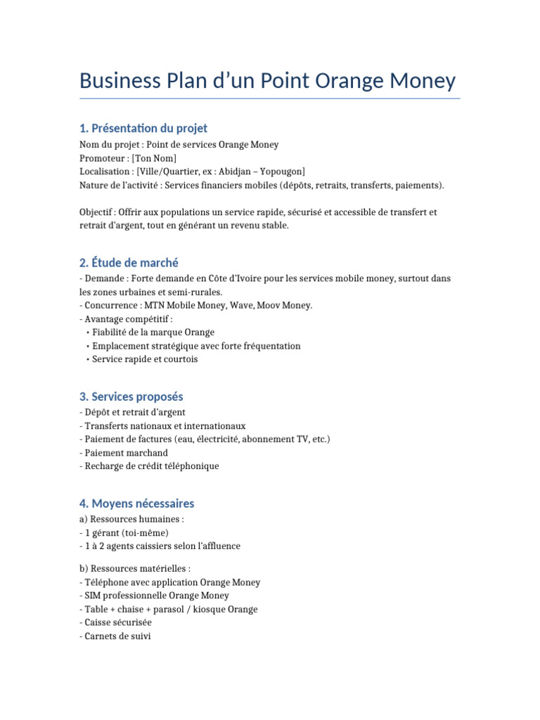 Business Plan Point Orange Money | PDF | Économie