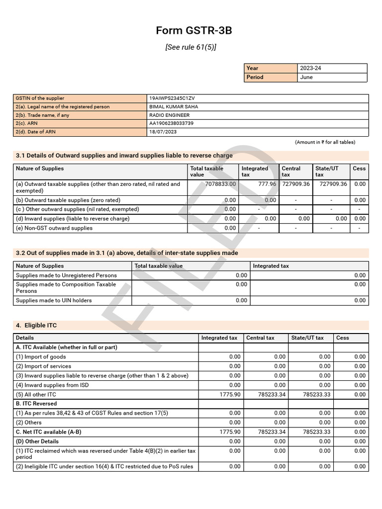 GSTR3B 19aiwps2345c1zv 062023 | PDF | Taxes | Government Finances