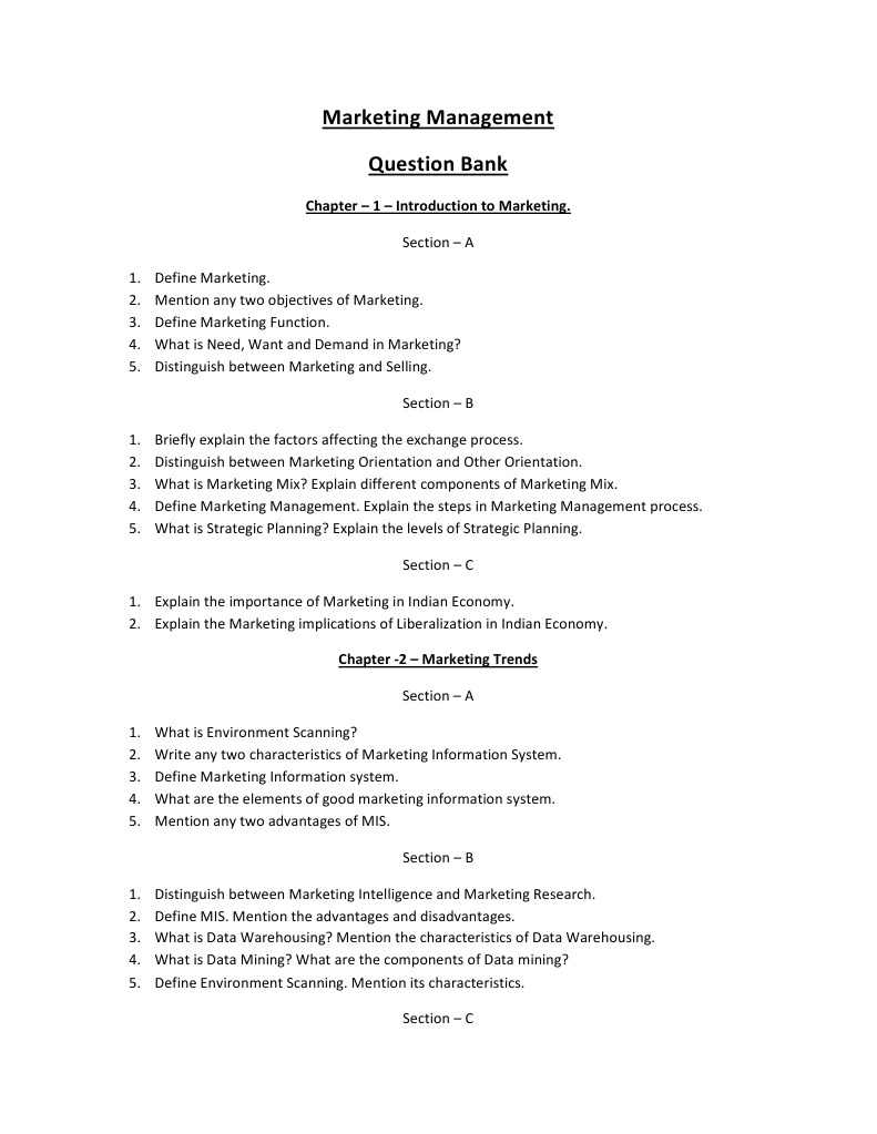 Marketing Management Question Bank: Chapter - 1 - Introduction To ...
