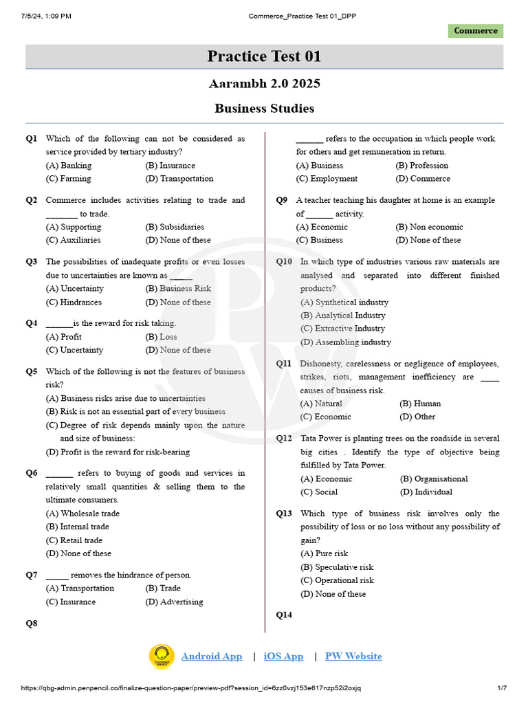 Practice Test 01 - Business Studies Test Paper | PDF | Economies | Business