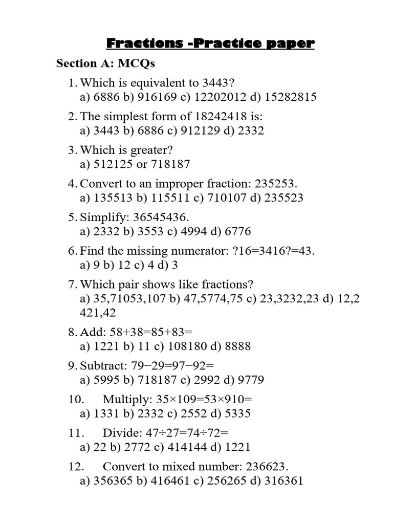 Fraction Practice Paper MCQs | PDF
