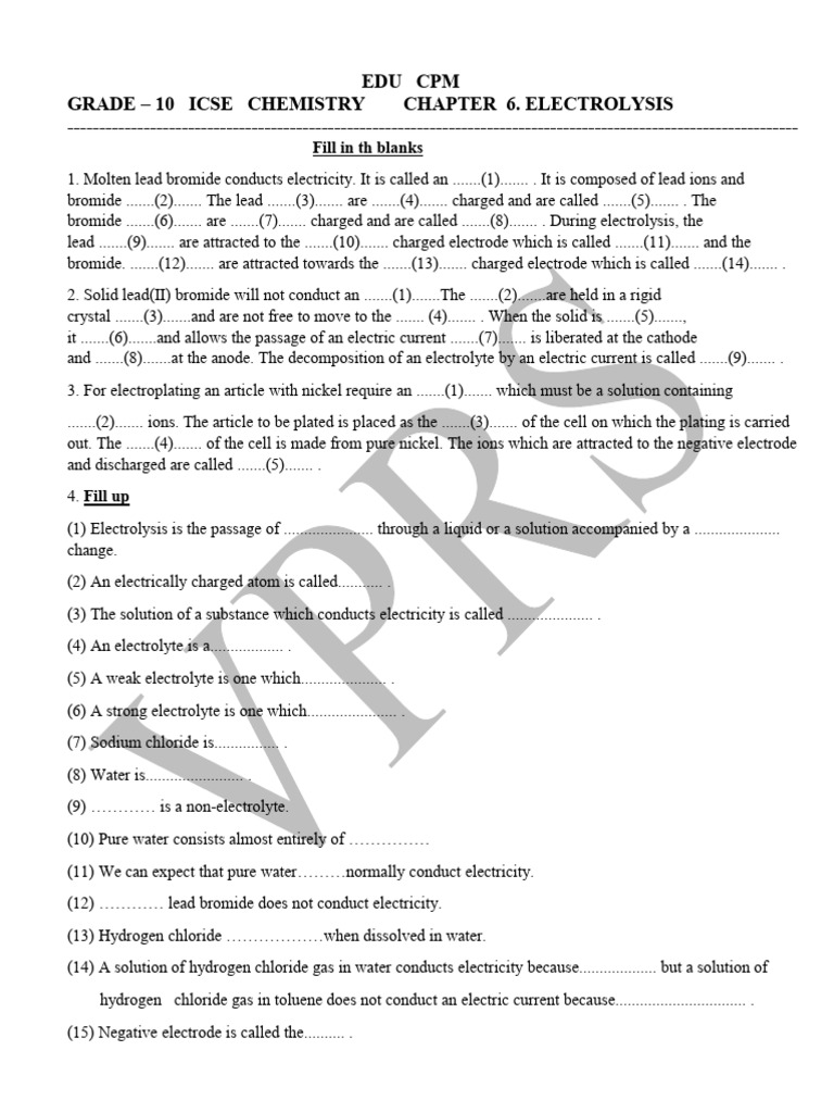Icse - Class 10 Chemistry Electrolysis | PDF | Electrolyte | Ion