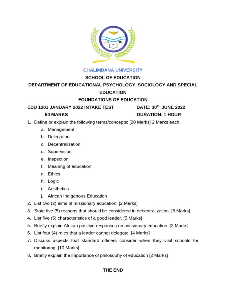 Foundations of Education Intake Test | PDF