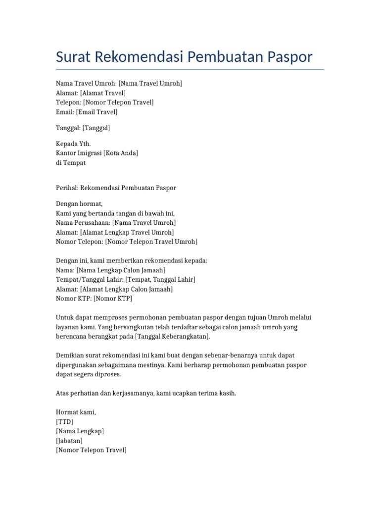 Surat Rekomendasi Pembuatan Paspor | PDF