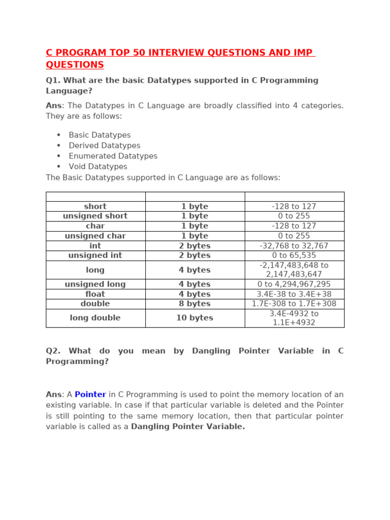 C Program Top Interview Questions Ans Imp Questions | PDF | Pointer (Computer Programming ...