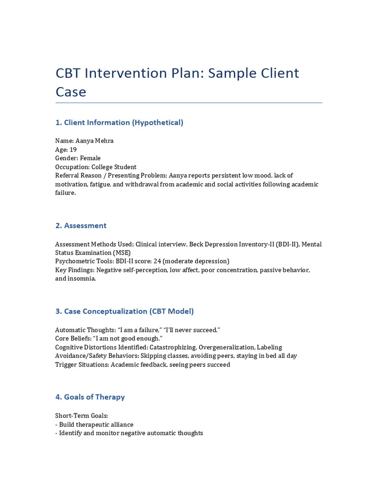 CBT Intervention Plan for Depression | PDF | Cognitive Behavioral ...
