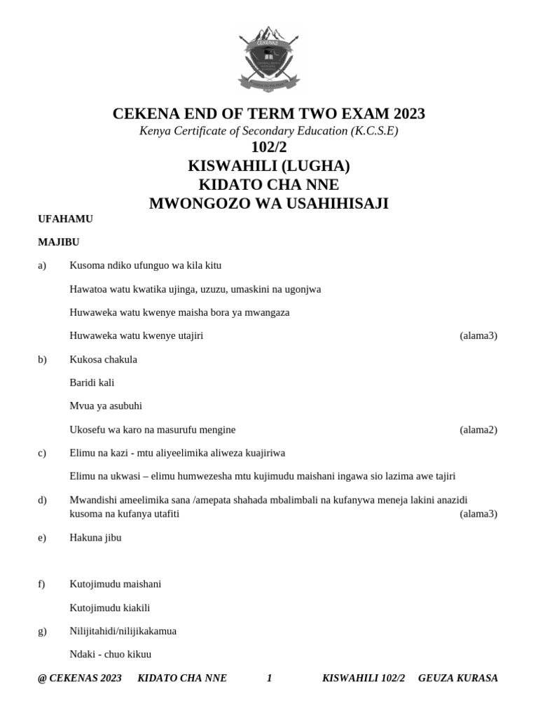 Kiswahili Pp2 Marking Scheme | PDF