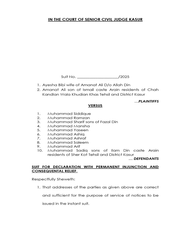 Ayesha Bibi vs. Siddique Etc. Civil Suit For Declaration With Permanent Injunction | PDF ...