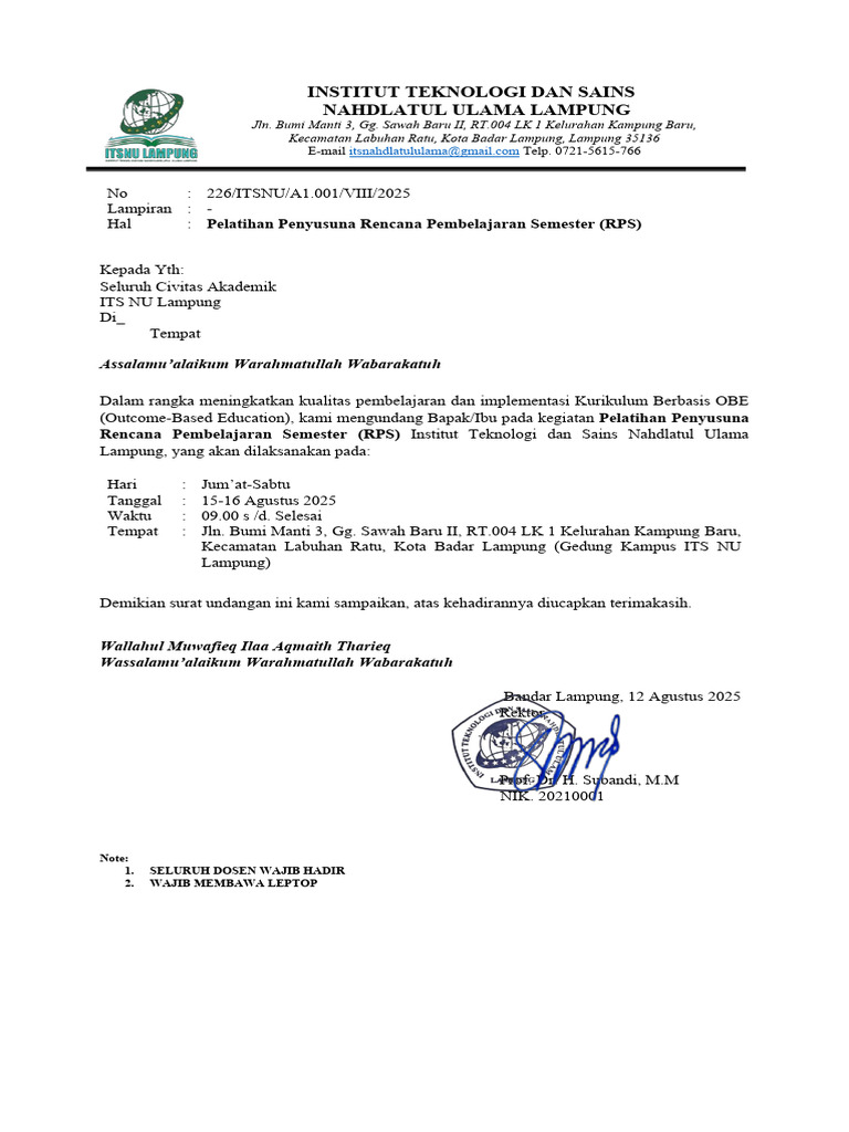 Pelatihan RPS ITS NU Lampung 2025 | PDF