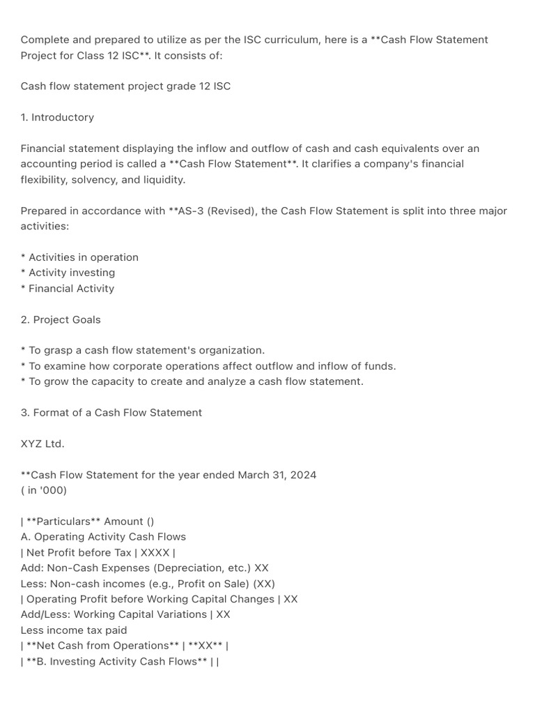 Class 12 ISC Cash Flow Statement Project | PDF | Cash Flow Statement ...