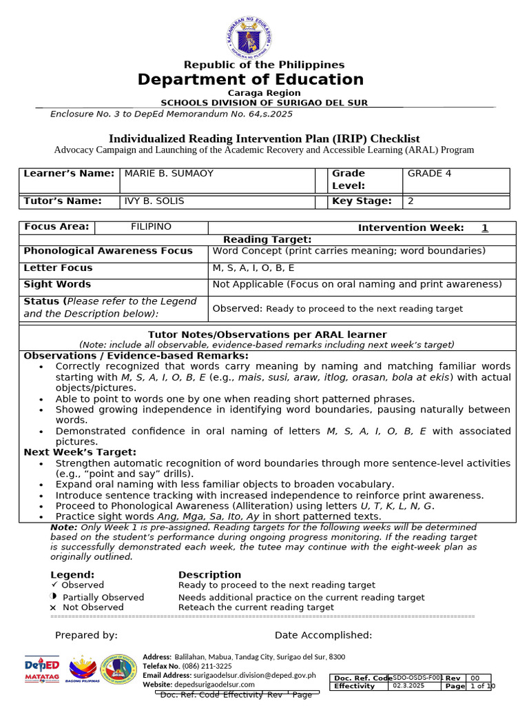 Individualized Reading Intervention Plan | PDF | Psycholinguistics ...