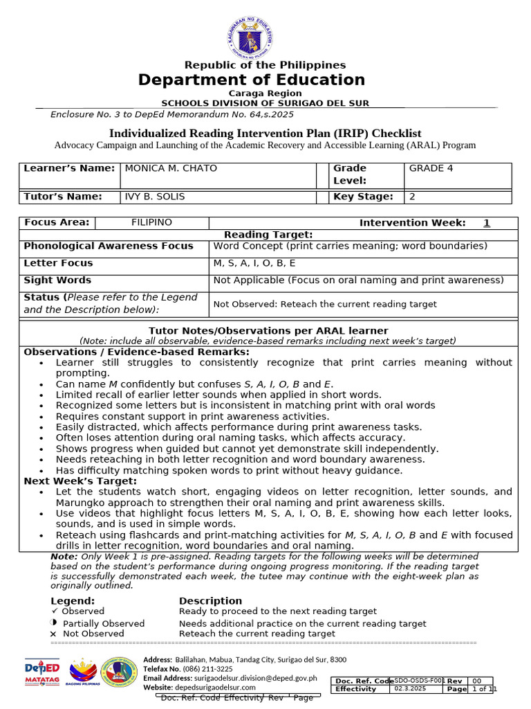 IRIP Checklist for ARAL Program | PDF | Human Communication | Learning
