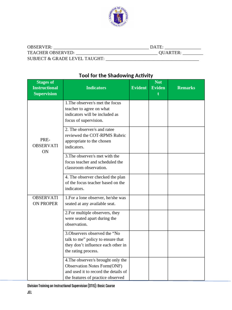 Tool For The Shadowing Activity | PDF | Teachers | Learning