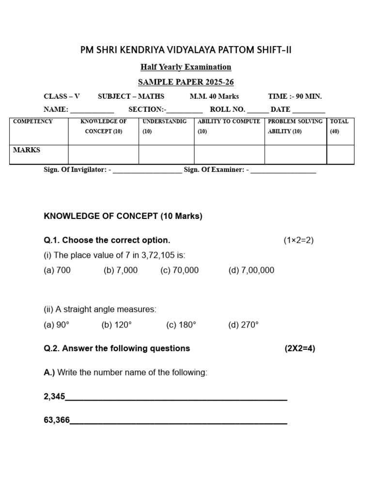 Class V Maths Half Yearly Exam Paper | PDF