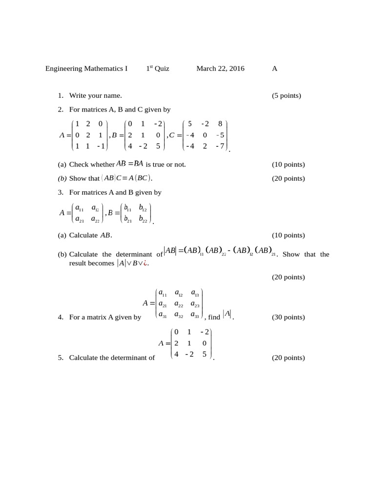 Engineering Mathematics I1st QuizMarch 22 | PDF