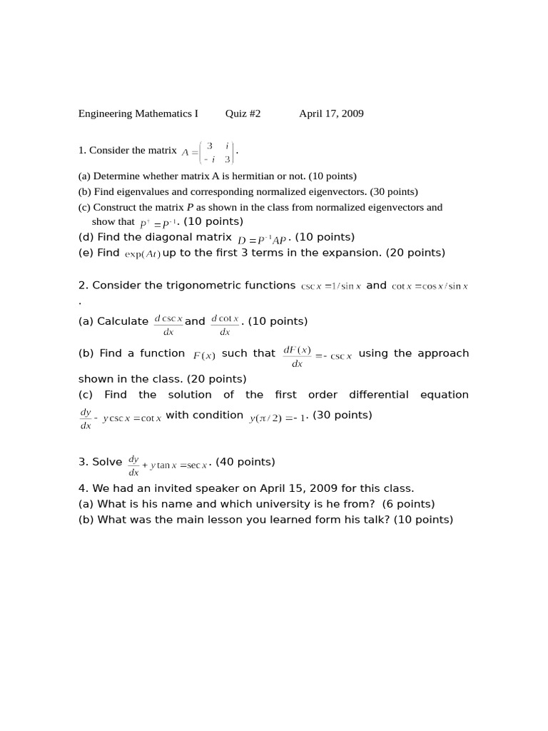 Engineering Mathematics I Quiz #2 | PDF
