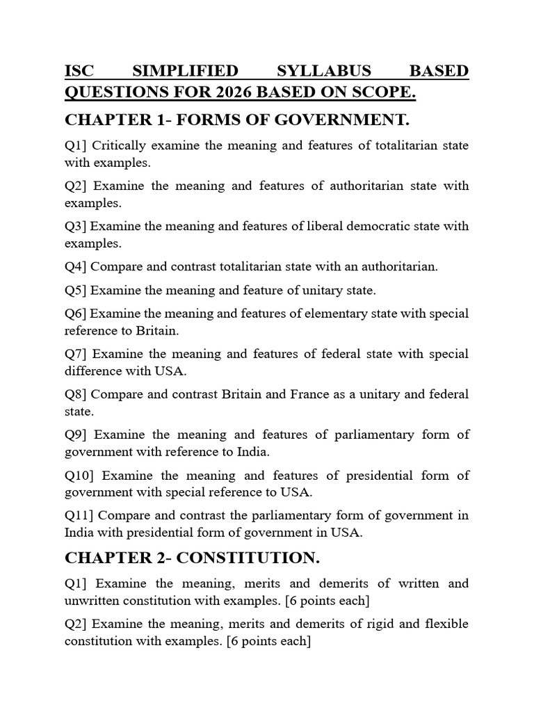 ISC 2026 Government & Constitution Questions | PDF | Legislature ...