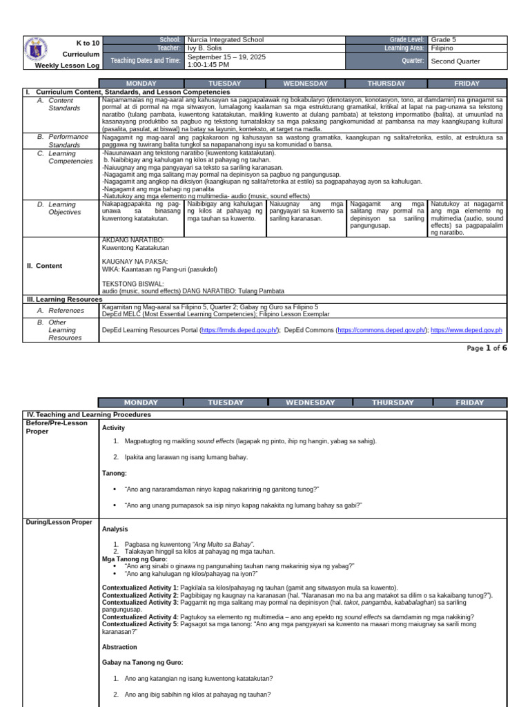 Filipino 5 Lesson-Plan-Sept 1-5, 2025 | PDF
