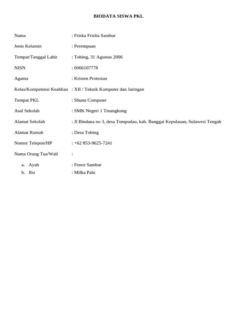 Biodata Siswa PKL 01 | PDF
