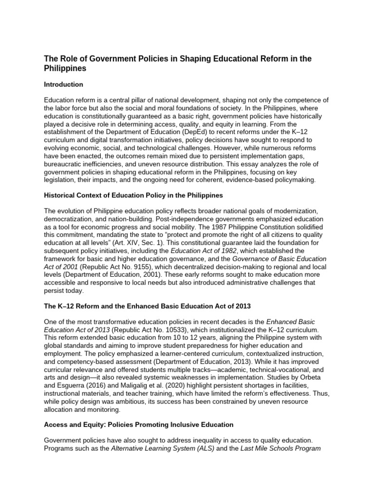 Government Policies Shaping Philippine Education | PDF | Education ...