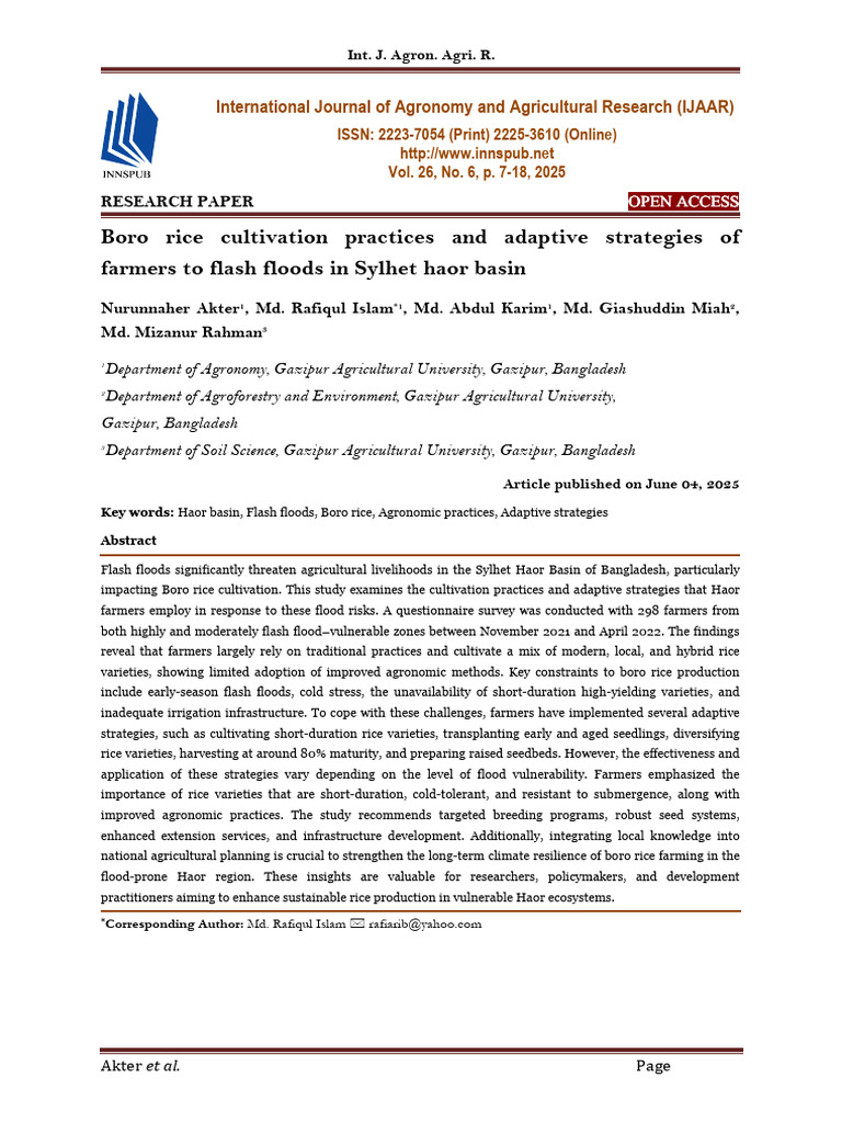 Boro rice cultivation practices and adaptive strategies of farmers to ...