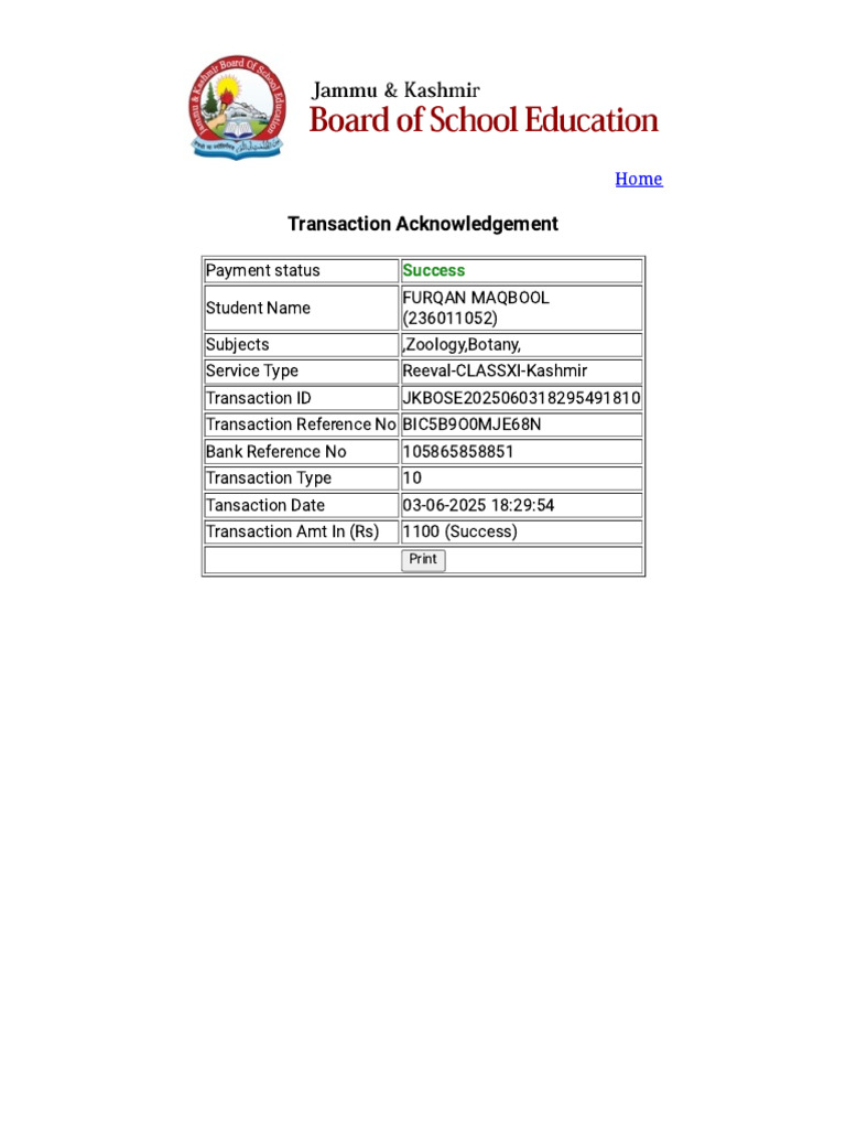 Jkbose - Nic.in Utilities Auth Pages JKBP PaySuccess - Aspx | PDF
