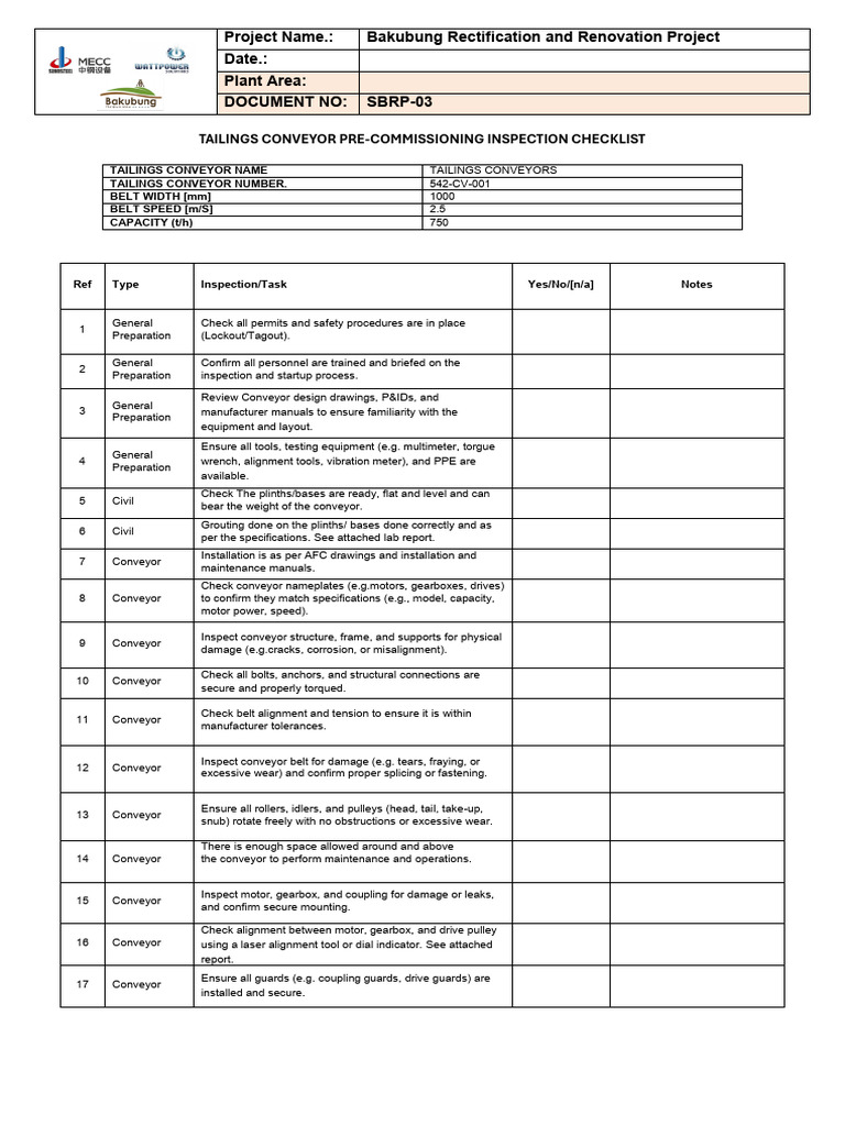 Belt Conveyors Pre-Commissioning Inspection Inspection Checklist | PDF ...