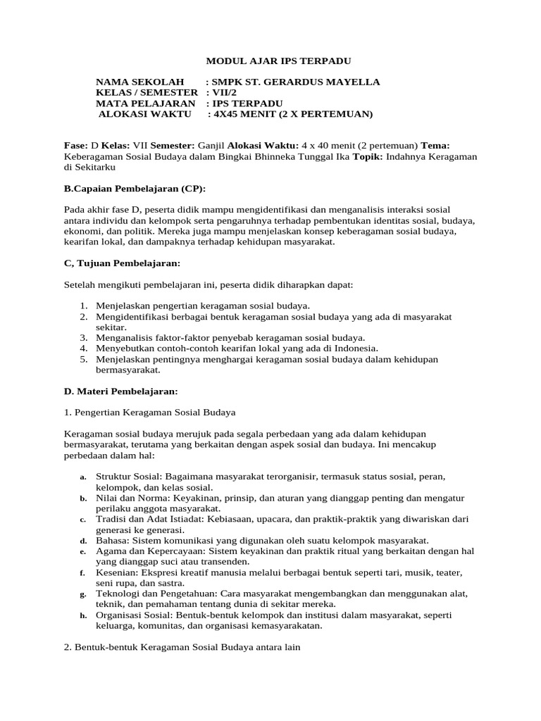 Modul Ajar Ips Terpadu Keragaman Sosial Budaya Di Masyarakat Ibu Fani ...