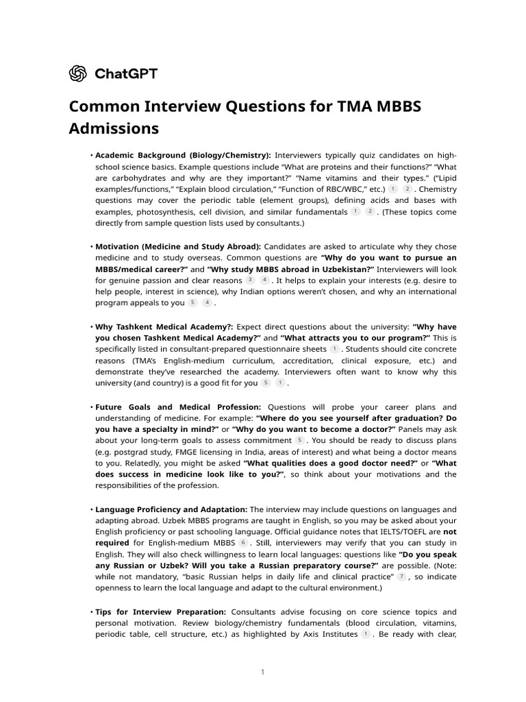 Common Interview Questions for TMA MBBS Admissions | PDF