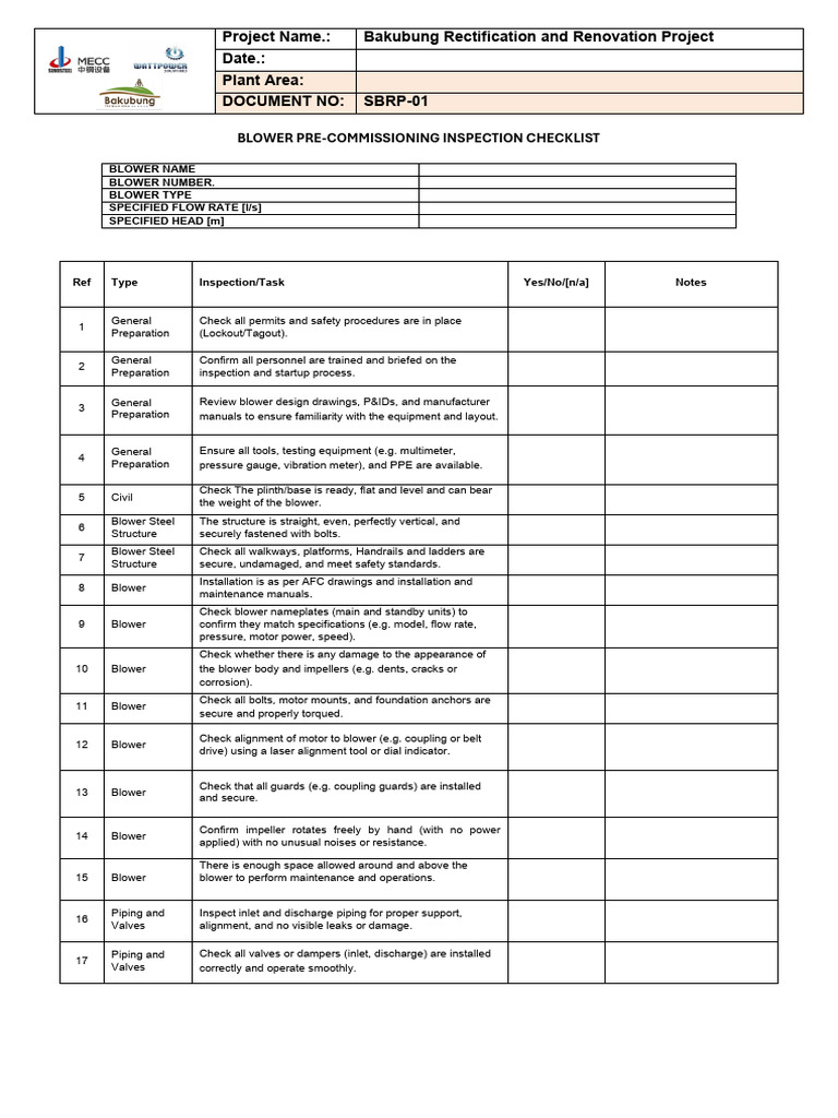 Blower Pre-Commissioning Inspection Inspection Checklist - 01 | PDF ...
